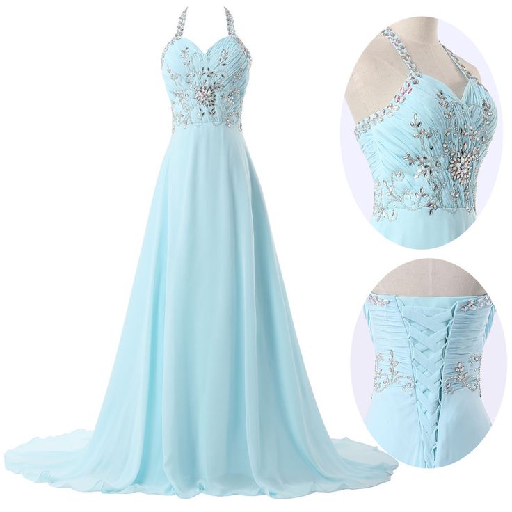Pretty Pale Blue Chiffon Long Prom Dresses 2016, Hand-beaded Evening ...