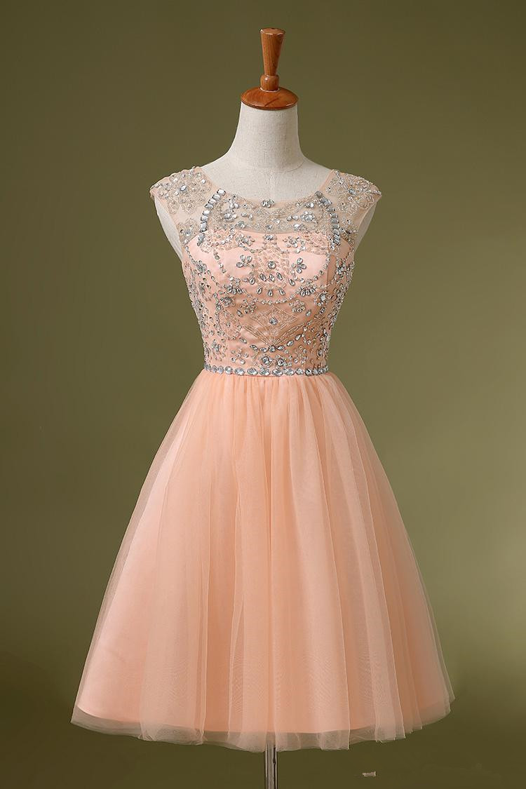 Custom Made Peach Beaded Short Prom Dresses, Lovely Homecoming Dresses ...